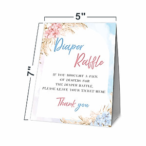 JCVUK BOHO Baby Shower Games, 1 Diaper Raffle Standing Sign with 50 Diaper Raffle Tickets, Pampas Grass Bohemian Theme Gender Reveal Party Decorations and Supplies For Boys or Girls(LBLK-A01)