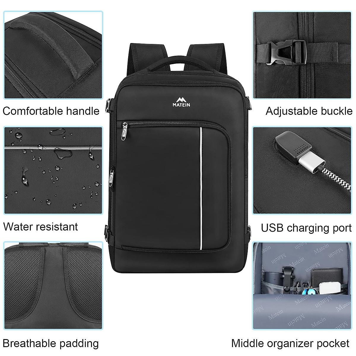 MATEIN Travel Backpack Airline Approved, Underseat Carry on Backpack for Men & Women, 40L Large Backpack with 17 inch Laptop Compartment & Shoe Bag for Airplane Flight Luggage Personal Item, Black