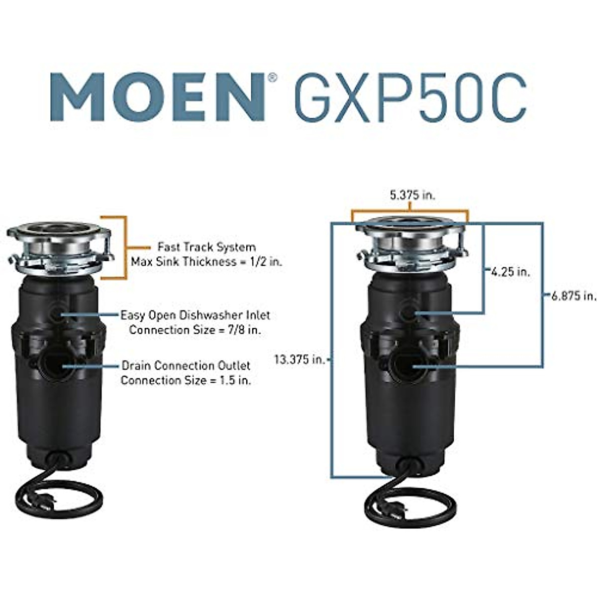 Moen GXP50C Prep Series PRO 1/2 HP Continuous Feed Garbage Disposal, Power Cord Included