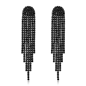 BriLove Rhinestone Earrings Dangling for Women Fashion Long Chandelier Dangling Sparkle Crystal Tassel Dangle Drop Earring Black Black-Tone