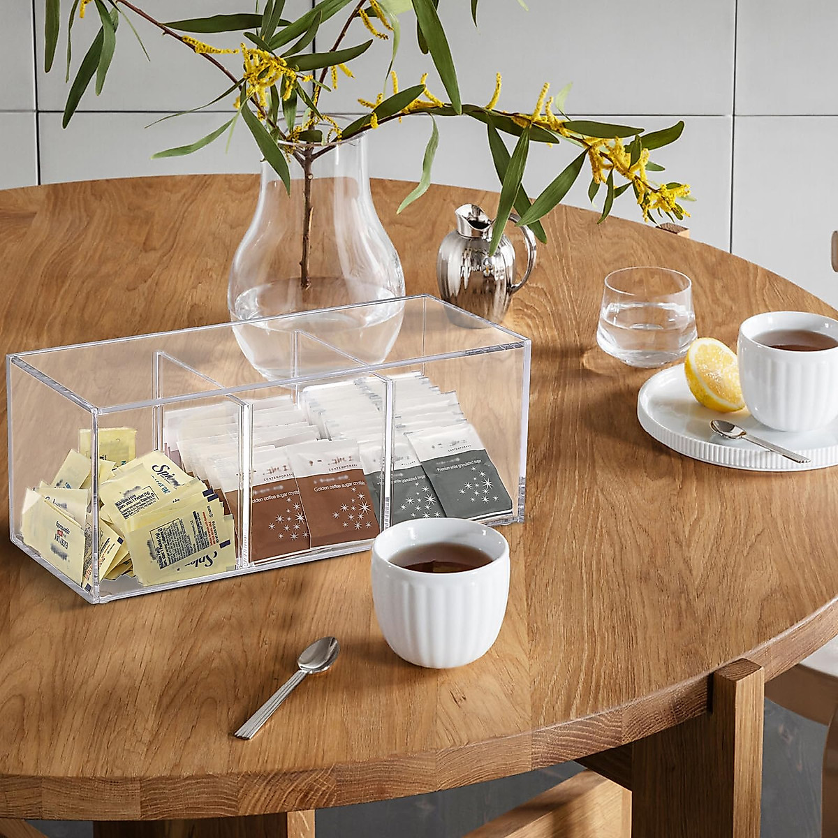 ELLDOO Coffee Pod Holder with Lid, Acrylic Coffee Pod Organizer for K Cup Espresso, 3-Compartment Tea Bags Sugar Packets Coffee Capsule Storage Holder for Home Coffee Bar Office Counter