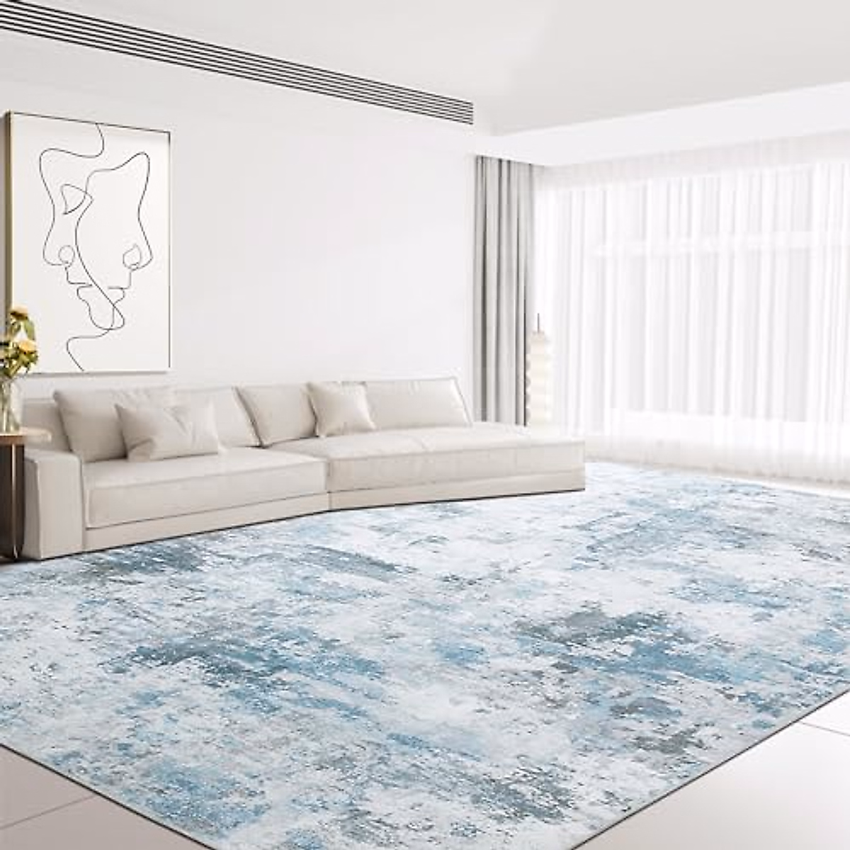HOMBYS 10x14 ft Modern Abstract Area Rug for Living Room Bedroom, Large Floor Carpet with Non-Slip Backing for Indoor Office Dining Room, Boho Home Deco, Blue, Machine Washable