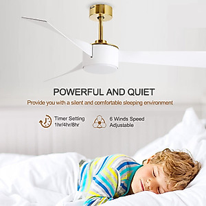 Fanliving 52 Inch Ceiling Fan with Lights Remote Control, Indoor Modern Ceiling Fan with High CFM Quiet DC Motor, 3 Blade White Gold Ceiling Fan for Bedroom Living & Dining Room