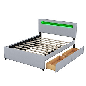 BOVZA Queen Size Upholstered Platform Bed with 2 Storage Drawers and Twin Trundle, LED Lights and USB Charging, Linen Queen Bed Frame with Headboard and Wood Slat Support, Gray