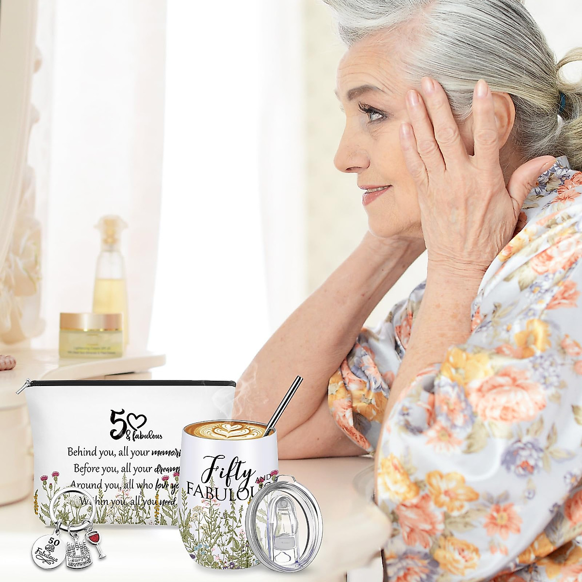 Irenare 50th Birthday Gifts for Women Fifty Fabulous Gifts for Her Happy 50th Birthday Gifts for Grandma Mom Sister Wife Aunt Friends Wine Glass Cosmetic Bag for Woman Birthday Gift(Elegant Style)