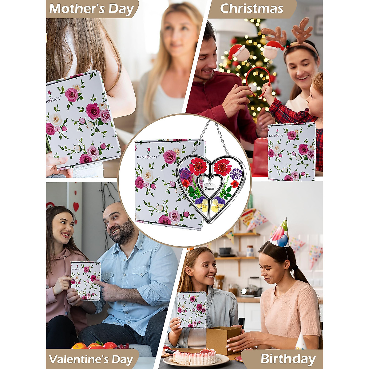 KY&BOSAM Heart Suncatchers Grandma Gift Ornament Stained Glass Sun Catcher Garden hangings Windows with Pressed Flower Heart Embedded in Glass Gifts for Grandma Mother`s Day Birthday Gifts