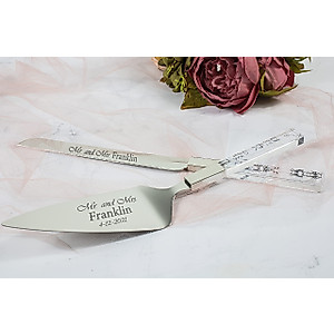 Lenox Bridal Silver Peony Personalized Wedding Cake Cutting Set, Custom Engraved Wedding Cake Knife and Server Set, Accessories and Gifts for Bride and Groom