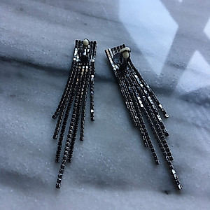 Statement Black Clip On Earrings Extra Long Earrings 1920s Earrings Art Deco Earrings Great Gatsby Earrings Flapper Earrings Statement Earrings Gun Metal Black Earrings Rhinestone Crystal Drop Earrings for Women (Black Clip-Ons)