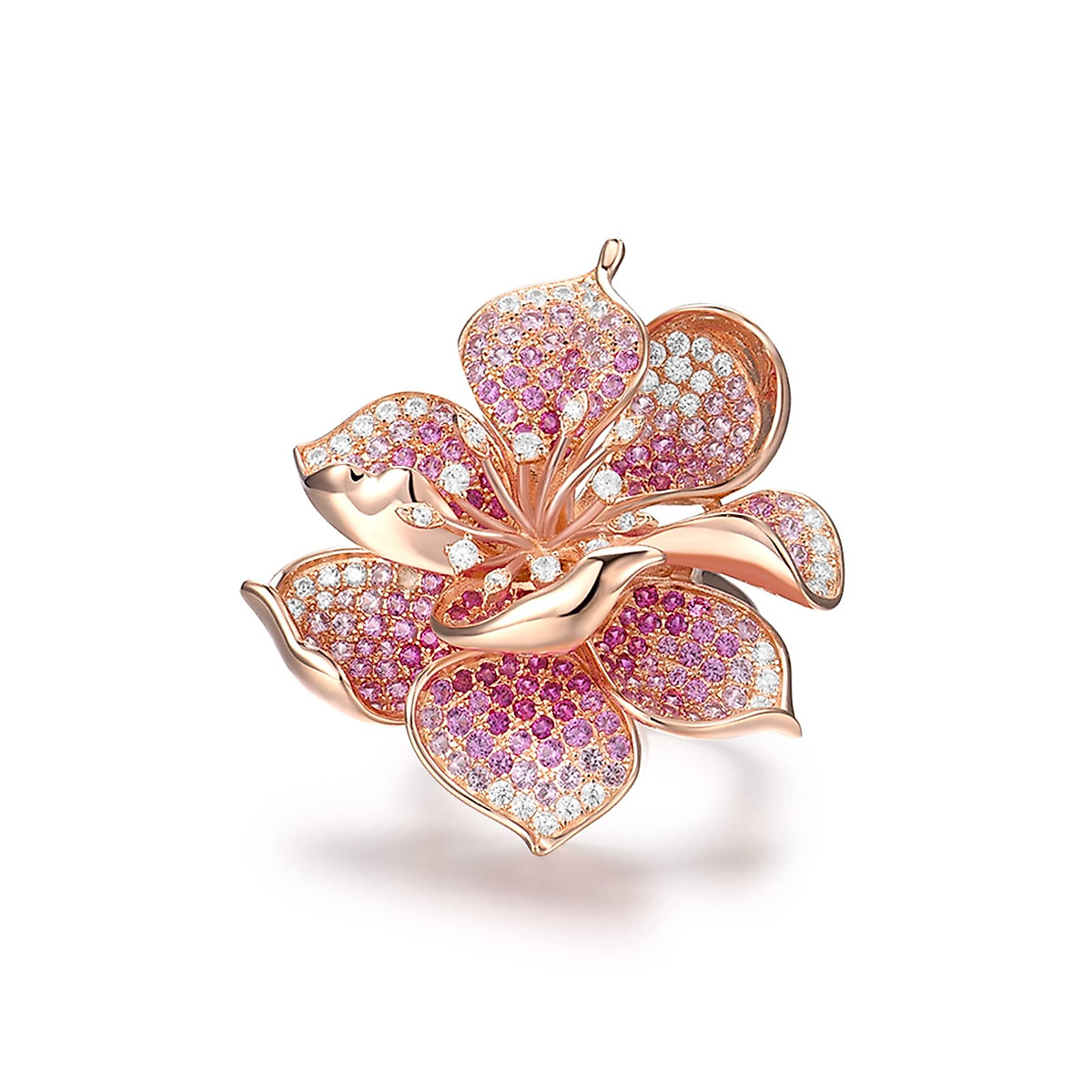 Santuzza 925 Sterling Silver Flower Ring Pink Sapphire Cubic Zirconia Blossom Hibiscus Ring for Women (7)