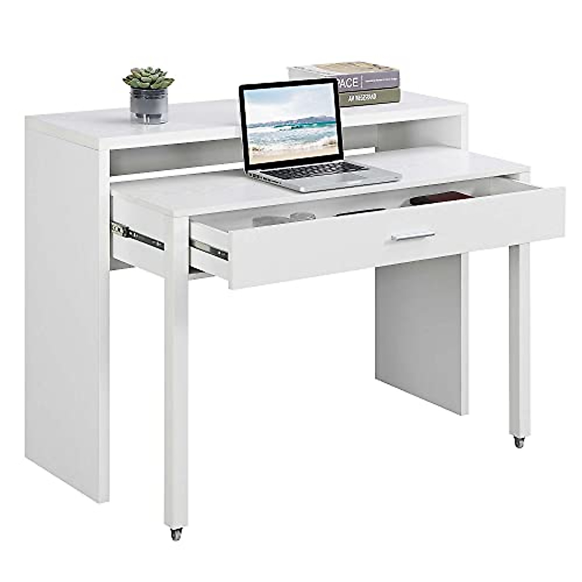 Convenience Concepts Newport JB Console/Sliding Desk with Drawer and Riser, White