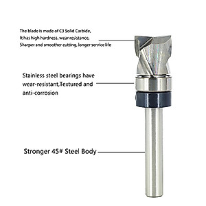 SICWOOD Solid Carbide Compression Flush Trim Router Bit 1/4 Shank, 2+2 Flute, 1/2" Diameter, 1/2" Cutting Length, Pattern and Mortising Trim Router Bit, Template Top Bearing Router Bit