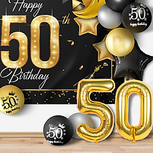 Happy 50th Birthday Balloons Gold Set Decor - Cheers to 50 Years Old Party Theme Garland Star Moon Banner Backdrop Decorations For Women and Men Supplies