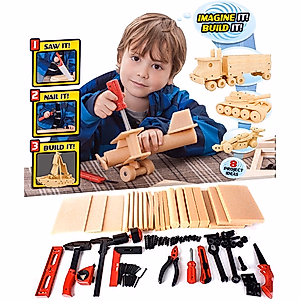 Real Construction Deluxe Workshop – 90 Piece Kids Tool Playset for Teaching Carpentry and Engineering with 8 Project Plans, Safe Faux Foam Wood, and Realistic Tools for Creative Building Fun