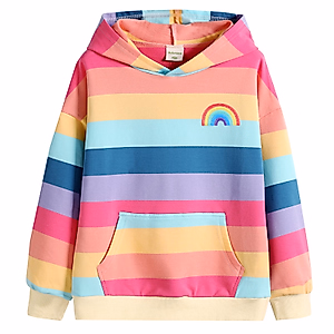 Julerwoo Girls Cotton Stripe Sweatshirt Hoodie Rainbow Embroidery Pocket Pullover Tops (7/8Y, Color Stripe)