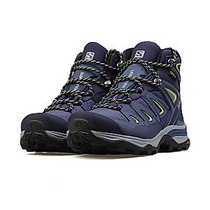 Salomon X Ultra 3 MID Gore-TEX Hiking Boots for Women, Crown Blue/Evening Blue/Sunny Lime, 10.5 Wide