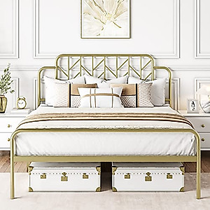 Amyove Gold Metal Queen Size Bed Frame with Headboard and Footboard, 12.6 Inches Metal Mattress Foundation for Storage, No Box Spring Needed, Easy Assembly, Modern Style Furniture (Branch)
