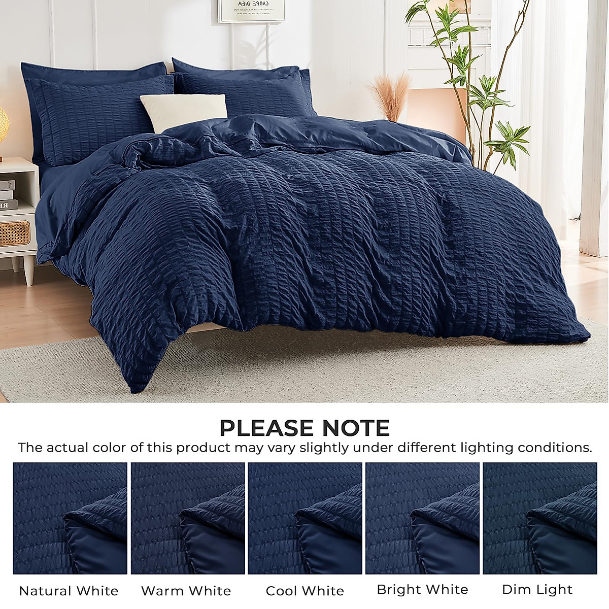 HYMOKEGE Navy Blue Full Size Comforter Sets Seersucker 7 Pieces, All Season Luxury Bed in a Bag for Bedroom, Bedding Set with Comforters, Sheets, Pillowcases & Shams