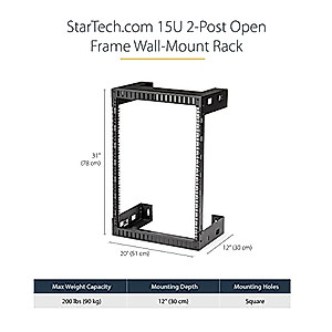 StarTech.com 2-Post 15U Heavy-Duty Wall-Mount Network Rack, 19" Open Frame Server Rack, 12" Deep, Wall Mount Data Rack for IT / AV / Patch Panel / Computer Equipment (RK15WALLO)