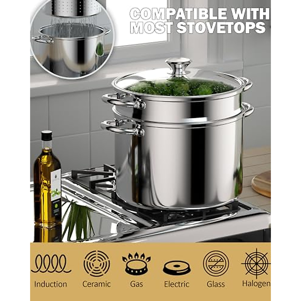 Cook N Home 4-Piece 8 Quart Multipots, Stainless Steel Pasta Cooker Steamer