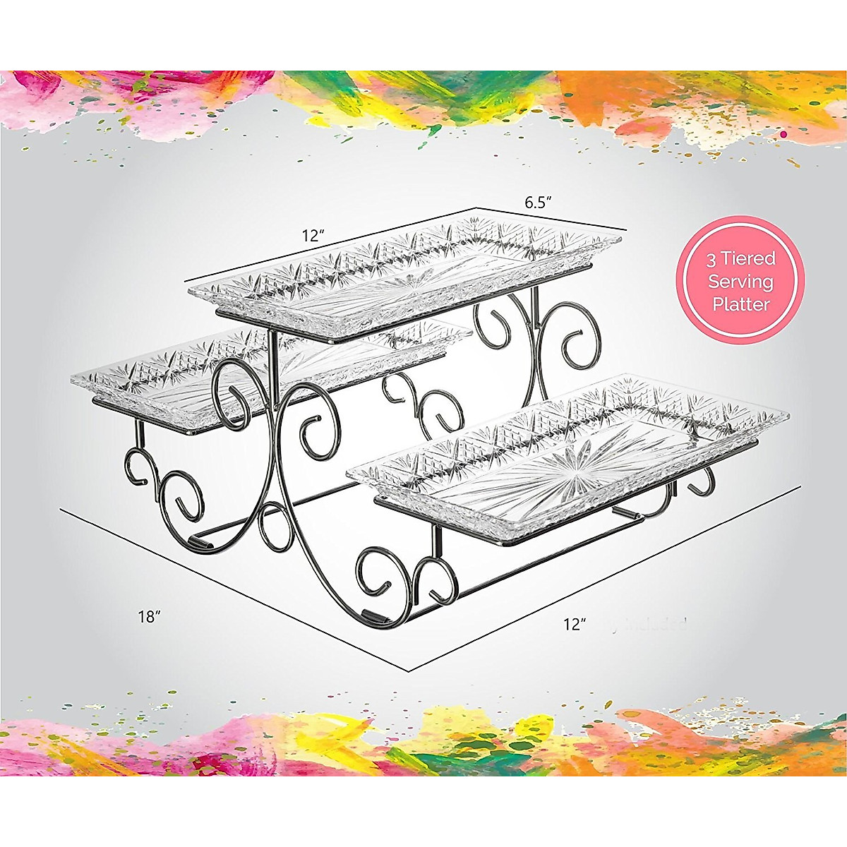 Godinger Silver Art Dublin 3 Tiered Glass Buffet Serving Tray - Chrome Plated Platter Stand with Starburst Design - Party and Event Dessert and Food Display Server