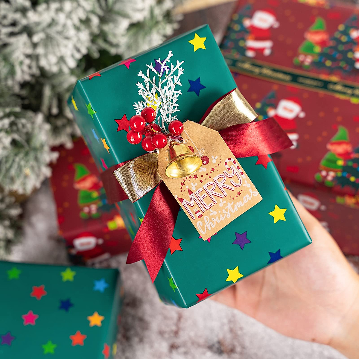 LeZakaa Reversible Christmas Wrapping Paper - Jumbo Roll - Santa Claus and Gnome & Colorful Star in Green - 24 inches x 100 Feet (200 sq.ft.)