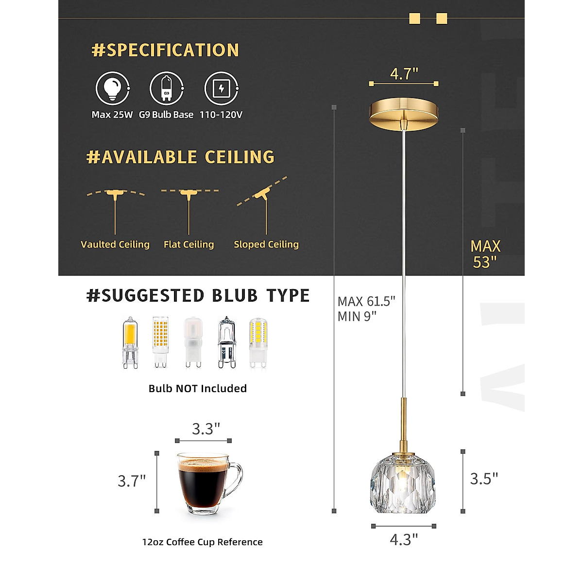 AUTELO Gold Pendant Light Fixtures - Crystal Modern Pendant Lights in Brushed Gold Metal Finish, Pendant Lights Kitchen Island for Dining Room, Bedroom, Hallway, H3878 BG