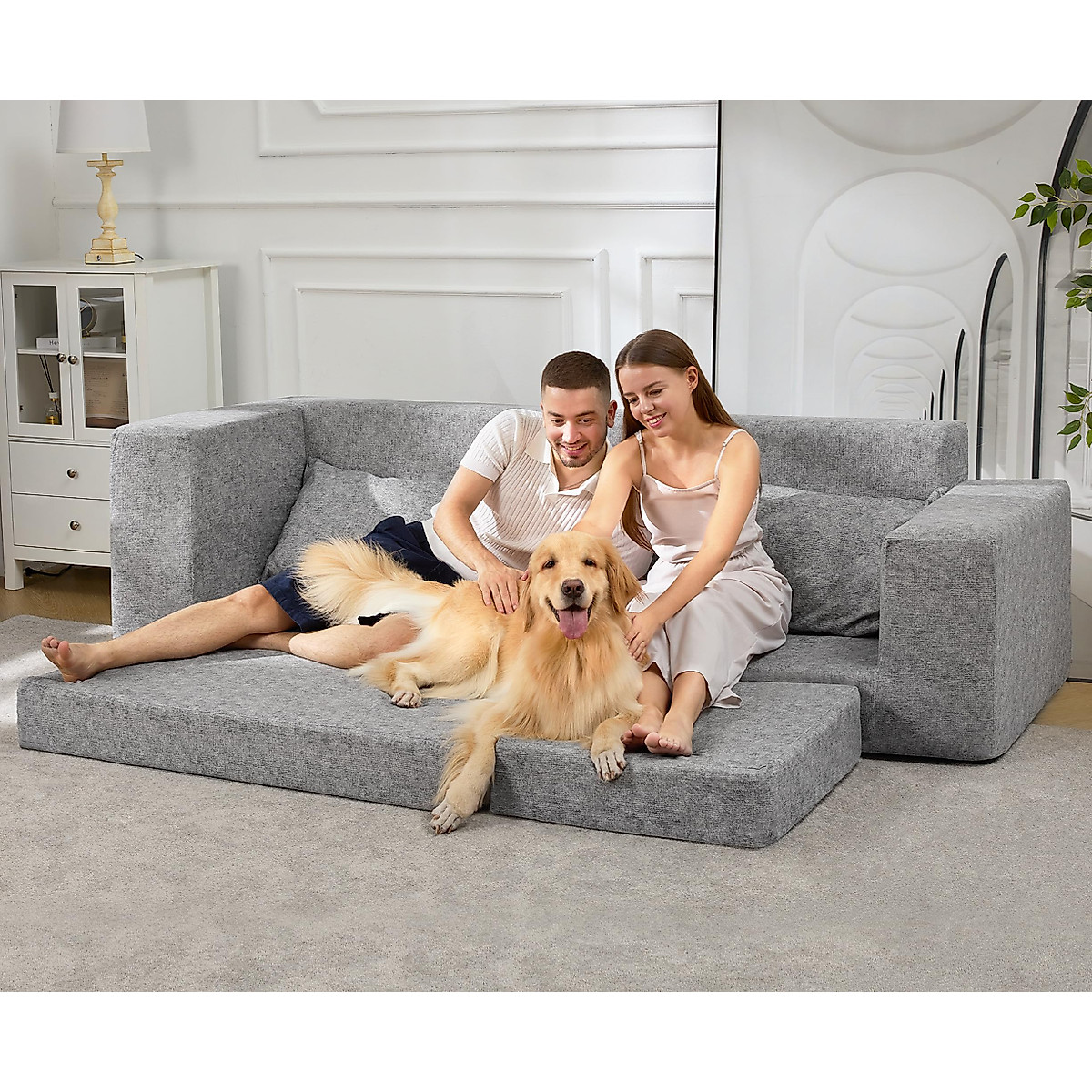 Hobestluk Folding Sofa Bed Couch Convertible Floor Sofa Beds for Adults Foldable Sleeper Sofa Lounge with Three Pillows for Living Room Fold-Out Floor Chair Beds for Bedroom Apartment Office(Grey)