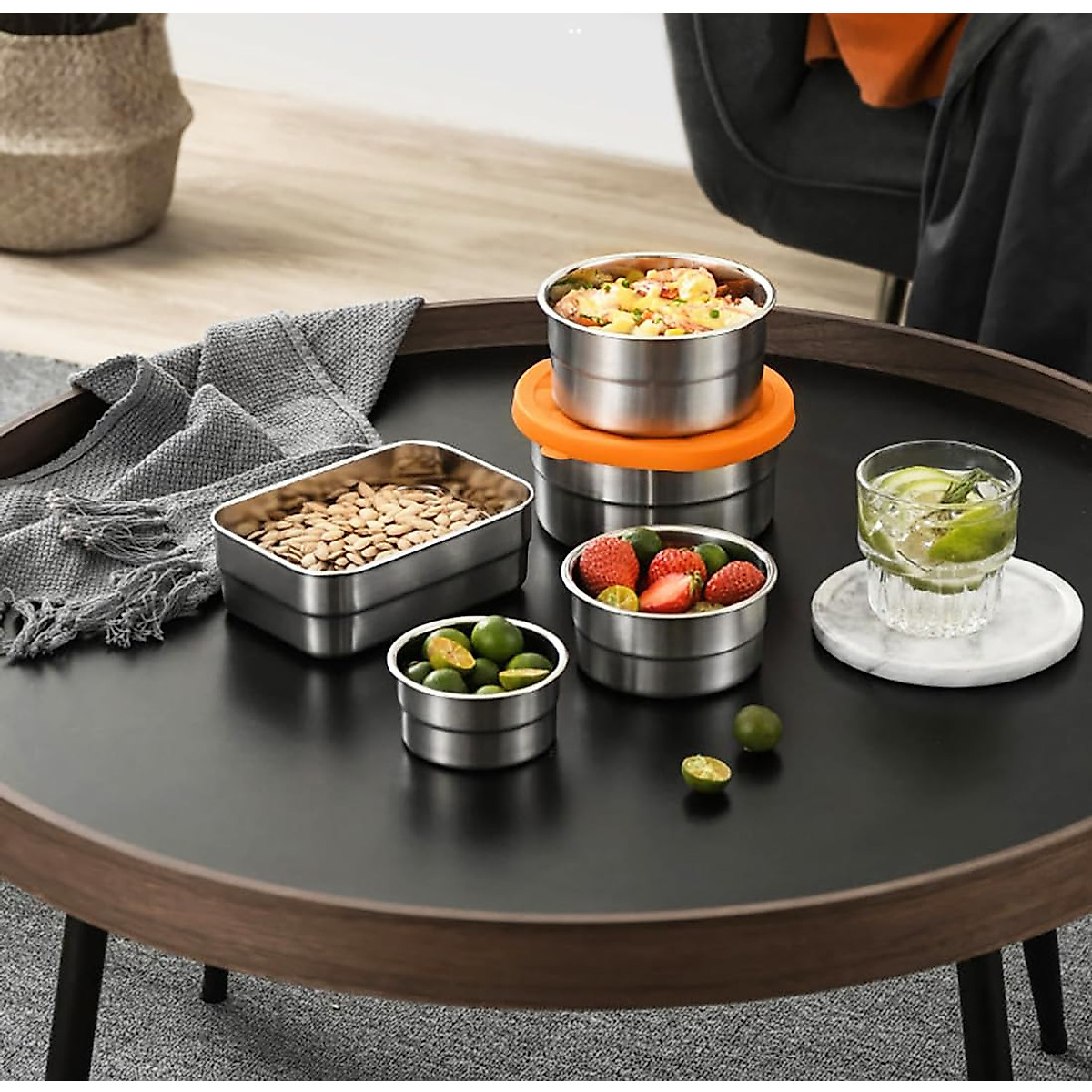 Stainless Steel Containers w/Lids, Set of 5 (3oz, 6oz, 12oz, 20oz, 30oz), Leak-proof Food Storage, Nesting Snack Organizer, Reusable Airtight Lunch Bento Box