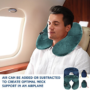 Xtinmee 2Pcs Self-Inflatable Pillow Soft Airplane Travel Pillow with Compact Bag for Long Flight Neck Cushion for Head Support Car Home Office 12.2x11.81x5.91in(Peacock Green, Blue)
