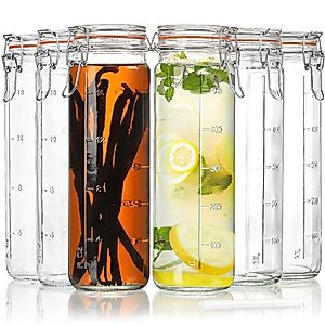 Huichuiero 20 oz Glass Jars with Airtight Lids for Vanilla Extract, 6 Pack Glass Juice Bottles with 2 Measurement Marks, Glass Food Storage Canister Set For Beans, Spice, Tea, Drink, Milk. 600ML