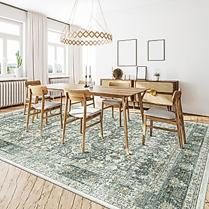 HOMFINE Machine Washable Rug 5'x7' - Vintage Design Area Rugs with Non Slip Rugs for Living Room Bedroom Floral Print Rug Carpet Stain Resistant, Home Decor Office Area Rug, Green