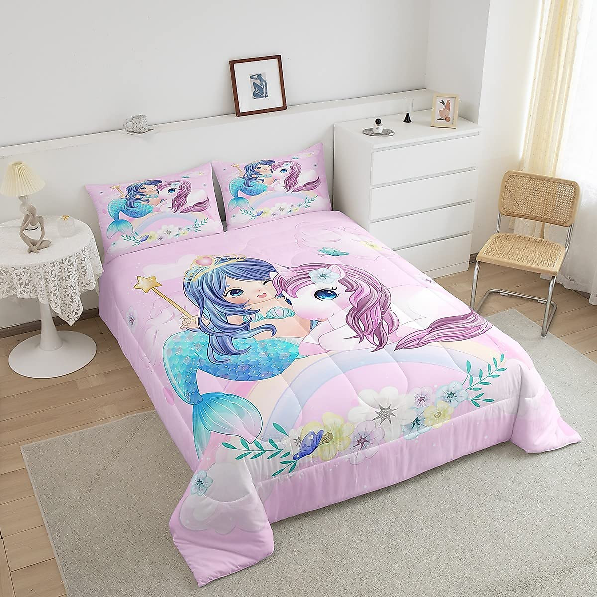 Erosebridal Blue Mermaid Bedding Comforter Sets for Girls Cute Unicorn Bedding Sets Twin 2pcs Kids Dreaming Girly Rainbow Duvet Insert Chic Floral Flower Quilt,Pink Bedroom Decor Aesthetic for Women