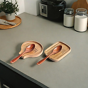 Set of 2 Wood Spoon Rest for Stove Top - Smooth Acacia Wood Spoon Holder for Kitchen Counter with Non Slip Silicone Feet,Perfect Holder for,Spatulas Tongs and Spoons, Brown (Labeled "SPOON")
