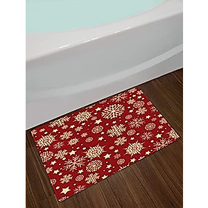 HVEST Winter Memory Foam Bath Mat, Golden Snowflakes and Stars on Red Background Non Slip Bath Rug Kitchen Mat Door Mat Washable Absorbent Bathroom Décor Rug, 16 X 24 Inches