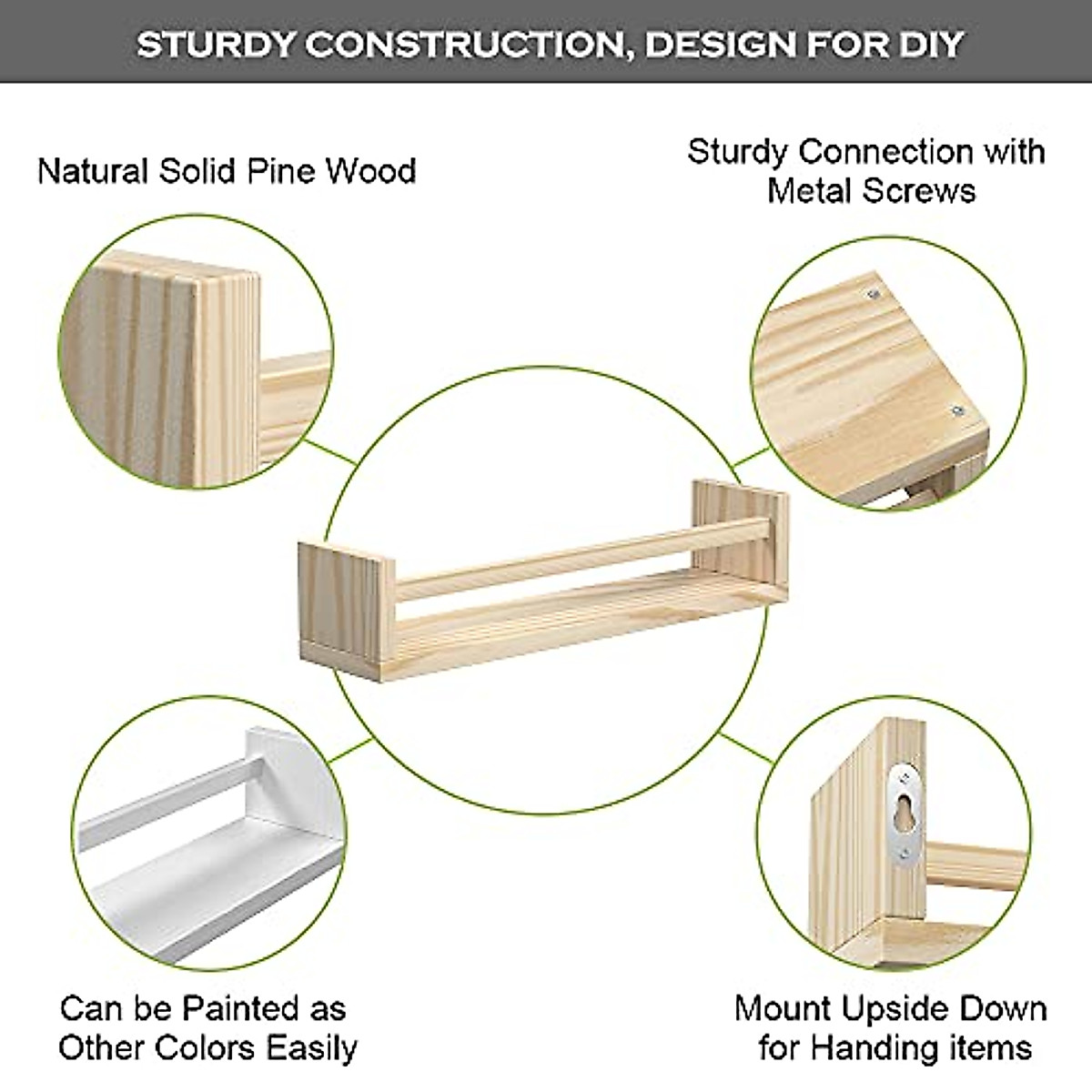 Classic Nursery Shelves, Set of 2 Natural Wood Floating Book Shelves for Kids Room, Wall Shelves for Bathroom Decor, Kitchen Spice Rack, Book Shelf Organizer for Baby Nursery Décor (16.5Lx4W)