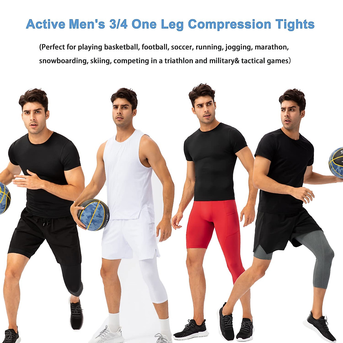 One Leg Compression Tights for Basketball, Mens 3/4 One Leg Compression Pants Dry Fit Running Leggings Sport Baselayer