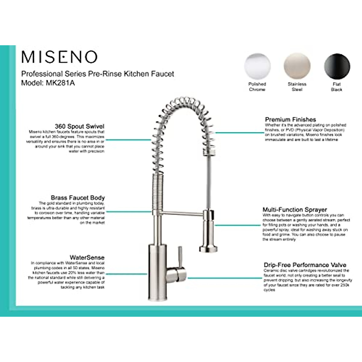 Miseno MNO281SS Miseno MK281A Professional Series Pre-Rinse Kitchen Faucet with Multi-Flow Spray Head - Includes Optional Deck Plate