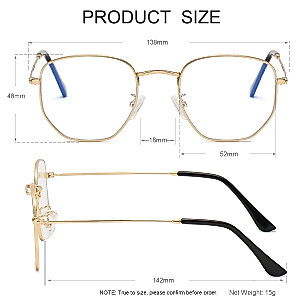 JOVAKIT Polygon Blue Light Blocking Glasses for Women Men Fashion Vintage Small Square Non-prescription Metal Eyeglasses (Gold)