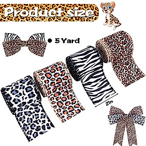 Kuscul 4 Rolls 20 Yards Leopard Print Ribbon Animal Print Ribbon Zebra Cheetah Wired Edge Ribbon Decorative Wrapping Ribbon for for Home Decor, Gift Wrapping, Tree Topper Bow, Wreath, DIY Crafts, 2in