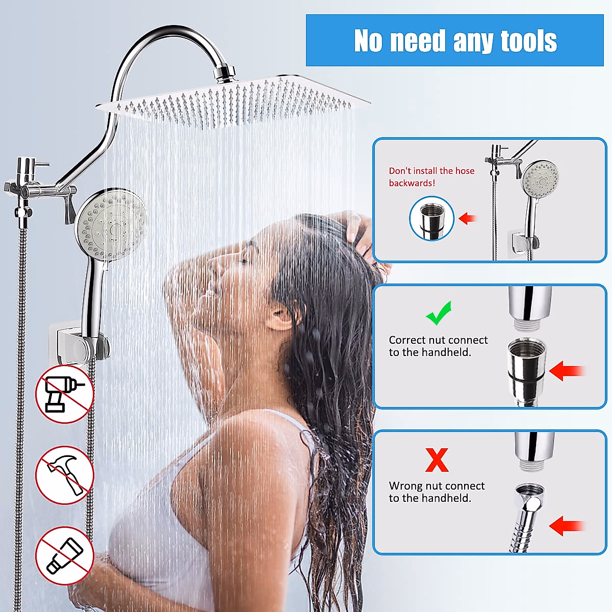 Taiker Shower Head, 8 Inch High Pressure Rainfall Shower Head/Handheld Showerhead Combo with 11.5 Inch Adjustable Curved Arm, Anti-leak Shower Head with Holder/Hose, Flow Regulator, Chrome (Silver)