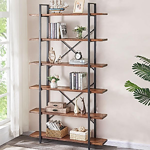 HSH Solid Wood Bookshelf, 6 Tier Tall Industrial Etagere Bookcase and Storage Shelves Heavy Duty, Rustic Large Open Vertical Metal Natural Real Wood Book Shelf for Bedroom Living Room Distressed Brown