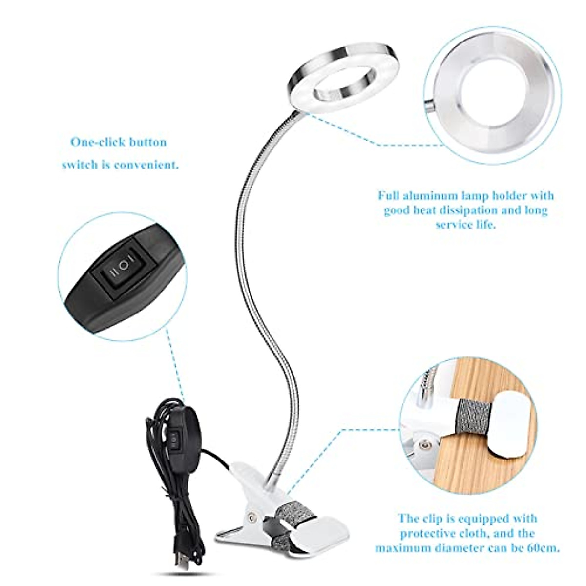 Duevin Clip Lamp USB Circle Makeup Lamp LED Portable Desk Light LED Tattoo Lamp Portable Tattoo Reading Light for Eyebrow Eyelash Extension Watch Repair Energy Saving Bright Reading Light