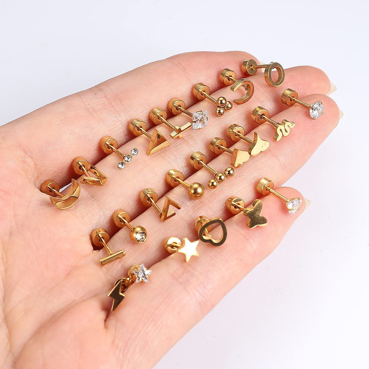 Sanfenly 24 Pairs Stud Earrings for Women Men 20G Stainless Steel Tiny Silver Gold Rose Gold Black Cartlidge Earrings Stud Small Snake Star Moon Ball Butterfly Triangle Heart Square Round CZ Screw