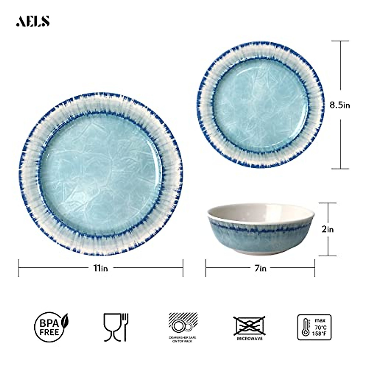 AELS Melamine Dinnerware Set of 12 Pcs Dinner Dishes Set for Indoor and Outdoor Use, Dishwasher Safe, Lightweight Unbreakable, BPA Free, Light Blue