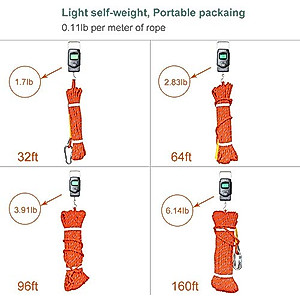 X XBEN Outdoor Climbing Rope 10M(32ft) 20M(64ft) 30M (96ft) 50M(160ft) Rock Climbing Rope, Escape Rope Ice Climbing Equipment Fire Rescue Parachute Rope (32 Foot) - Orange