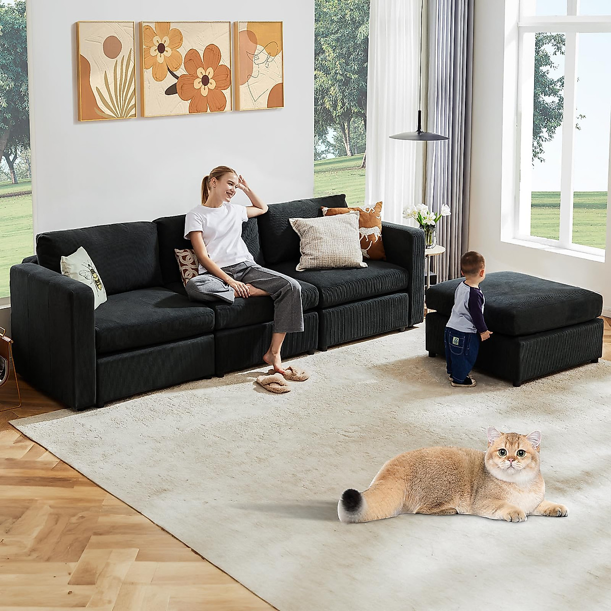 Sweetcrispy SF-1-M01-0227 Sectional Couches for Living Room, 4-Seat Sofa, Dark Grey