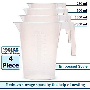 ISOLAB USA - 4 Pieces Premium Set of Laboratory Plastic Beaker With Handle, High Clarity, Polypropylene, Raised Graduations, Autoclavable, Lab Pitchers, (Beakers w/Handle, 4)
