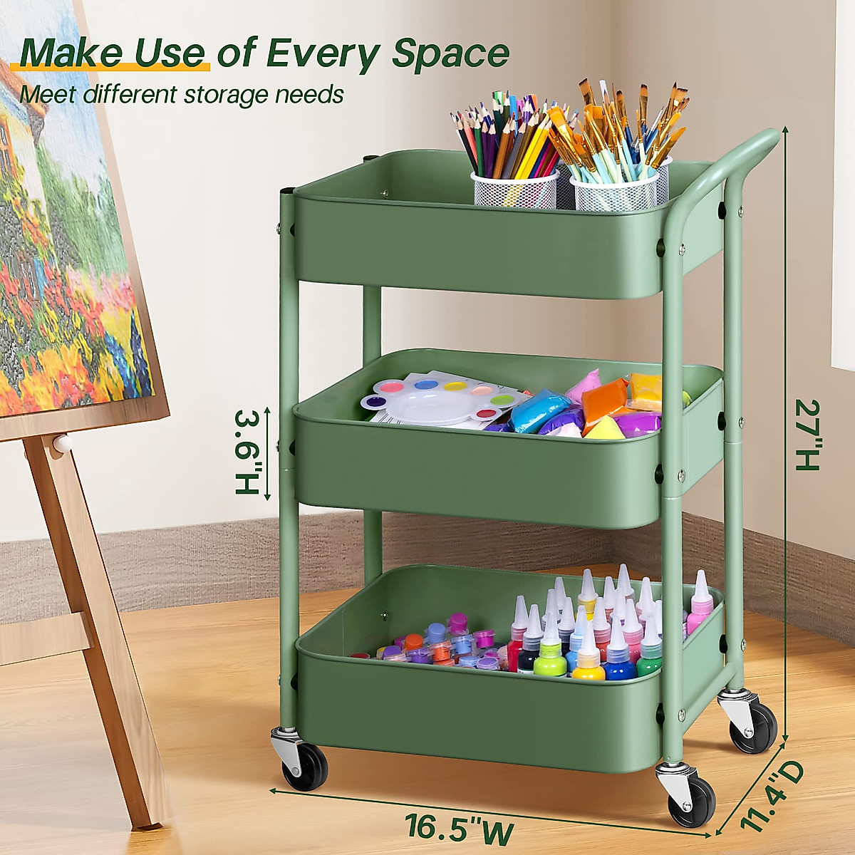 AOODA 3 Tier Under Desk Rolling Cart with Handle and Lockable Wheels, 27'' Height Small Metal Book Cart Mobile Art Cart Rolling Storage Organizer for Office, Kitchen, Bathroom (Aqua Green)