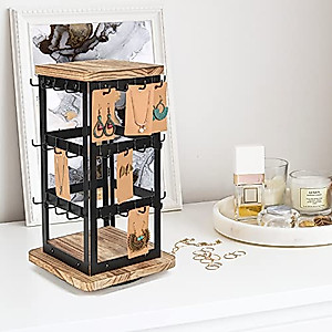 J JACKCUBE DESIGN 3 Tier 360 Rotating Black Metal Earring Holder Organizer, Jewelry Display Rack, Vintage Farmhouse Style Stand for Necklaces, Piercings with 48 Hooks and Wood Tray Shelf -MK1073A