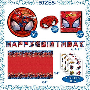 Spiderman Birthday Decorations | Spiderman Party Supplies | Serves 16 Guests | Marvel Superhero Spidey and His Amazing Friends | Table Cover, Spider Man Banner, Plates, Napkins, Masks and Button | For Boys and Girls
